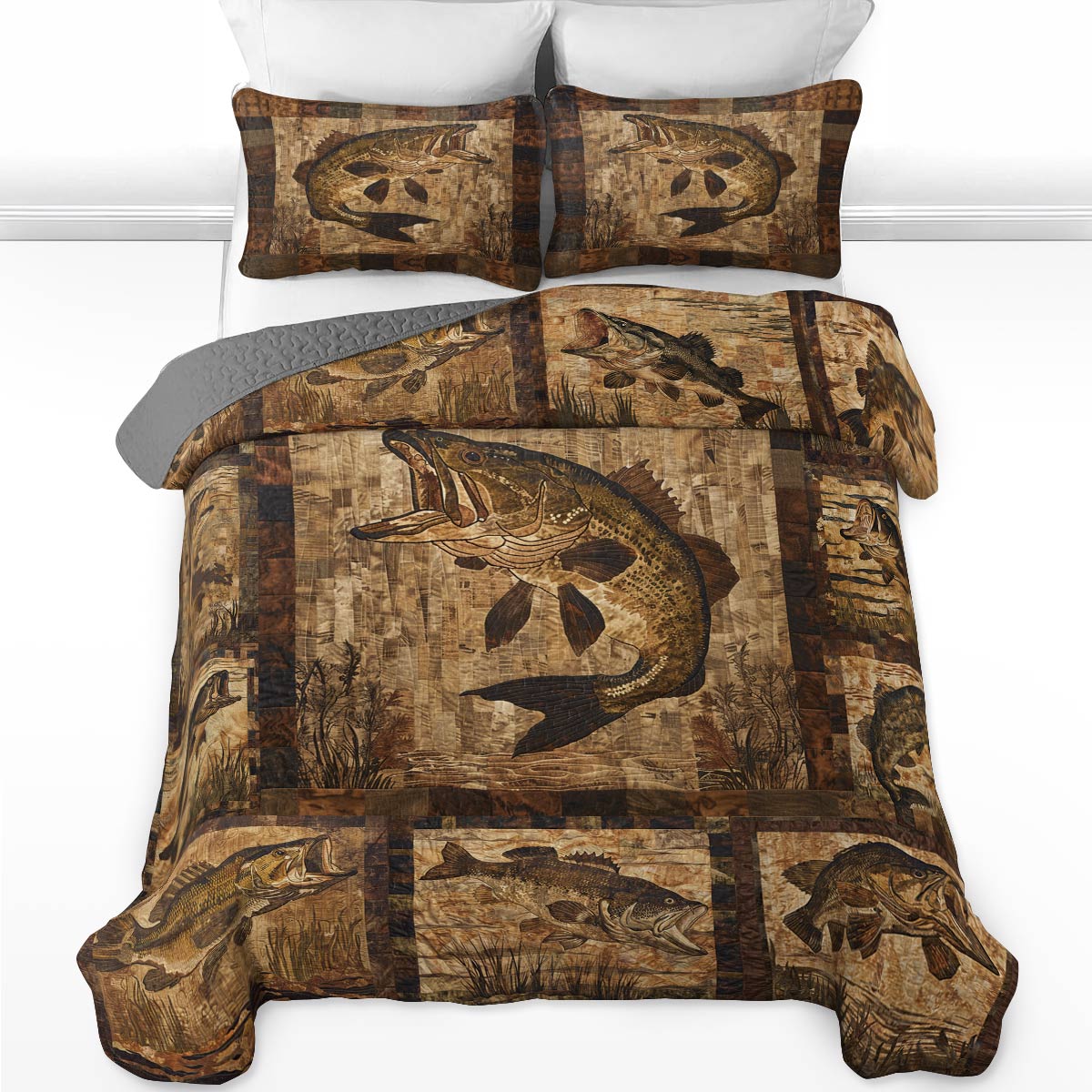 Shineful All Season Quilt 3-Piece Set Forceful Largemouth Bass ...